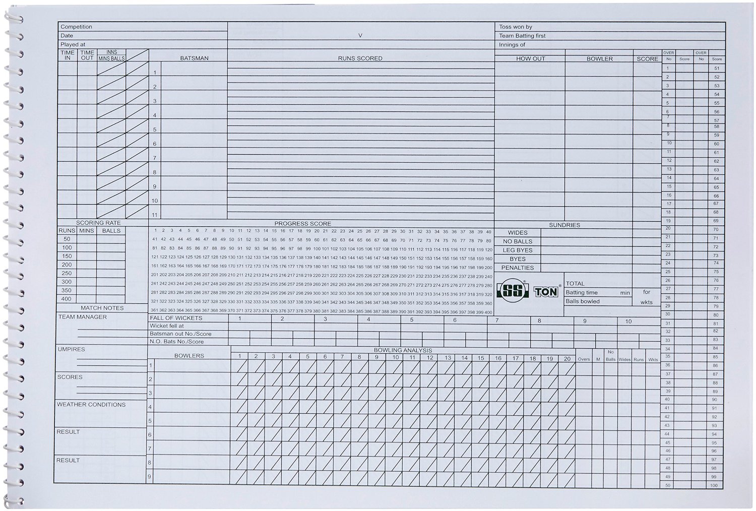 SS 100 INNINGS SCORE BOOK WITH RING BINDING - Cricket Store - JR ...